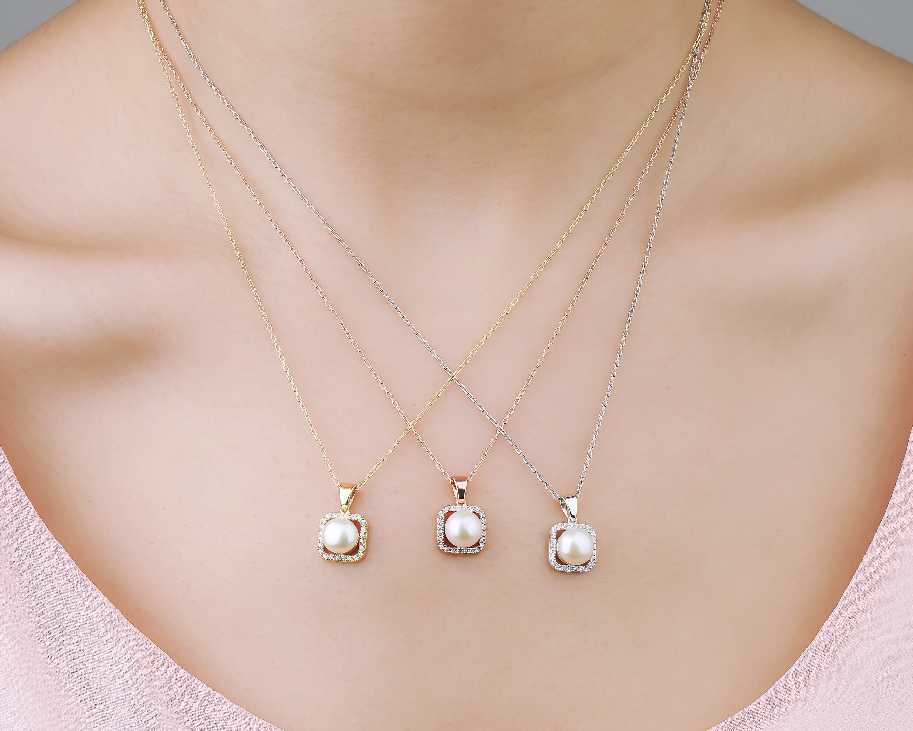 Square Pearl Necklace, 18K White Pearl Pendant , Delicate Square Pearl ...