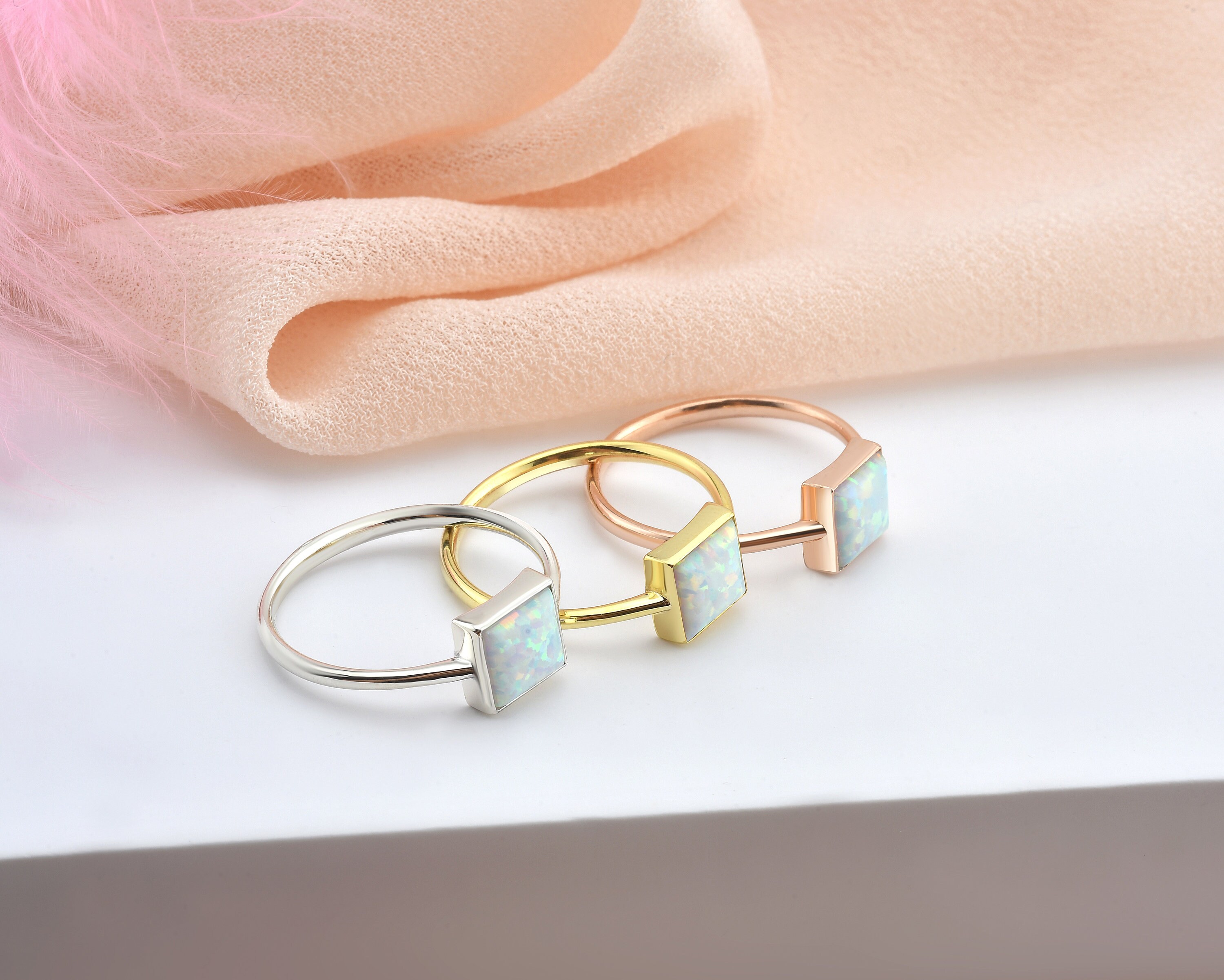 14K Square Opal Ring, 6mm Square Gold Opal Ring, Square Delicate Opal ...