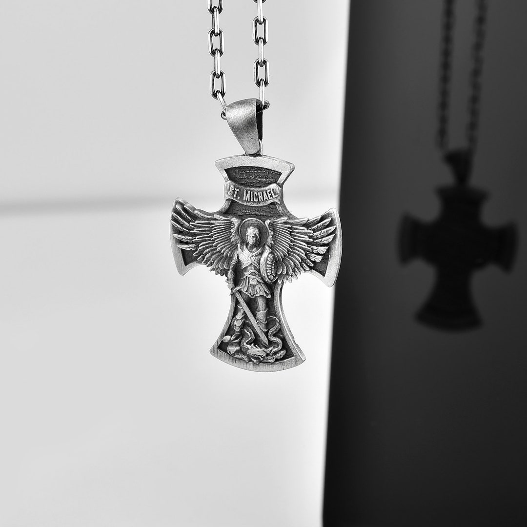 Archangel Michael in Byzantine Cross Necklace in 18K Gold, St Michael ...