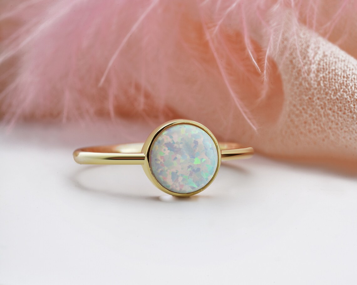 14K Round Opal Ring 6mm Round Gold Opal Ring Delicate Round | Etsy