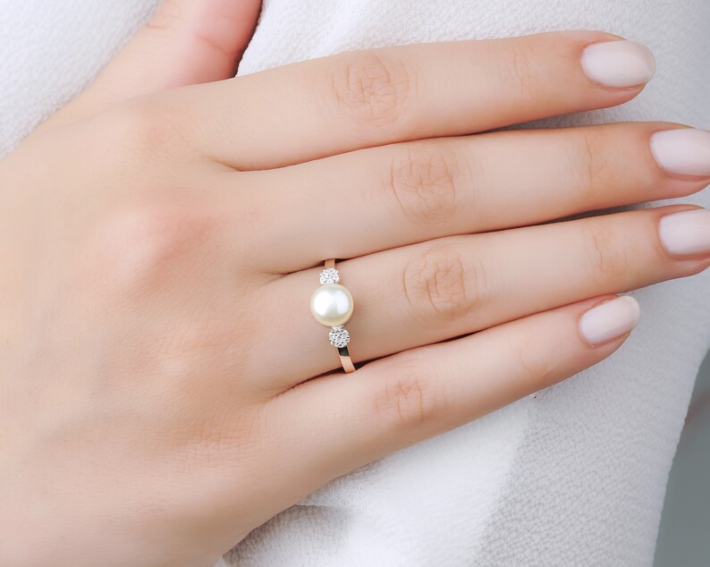 14K Gold White Pearl Ring Pearl Gold Ring Dainty Pearl Ring | Etsy