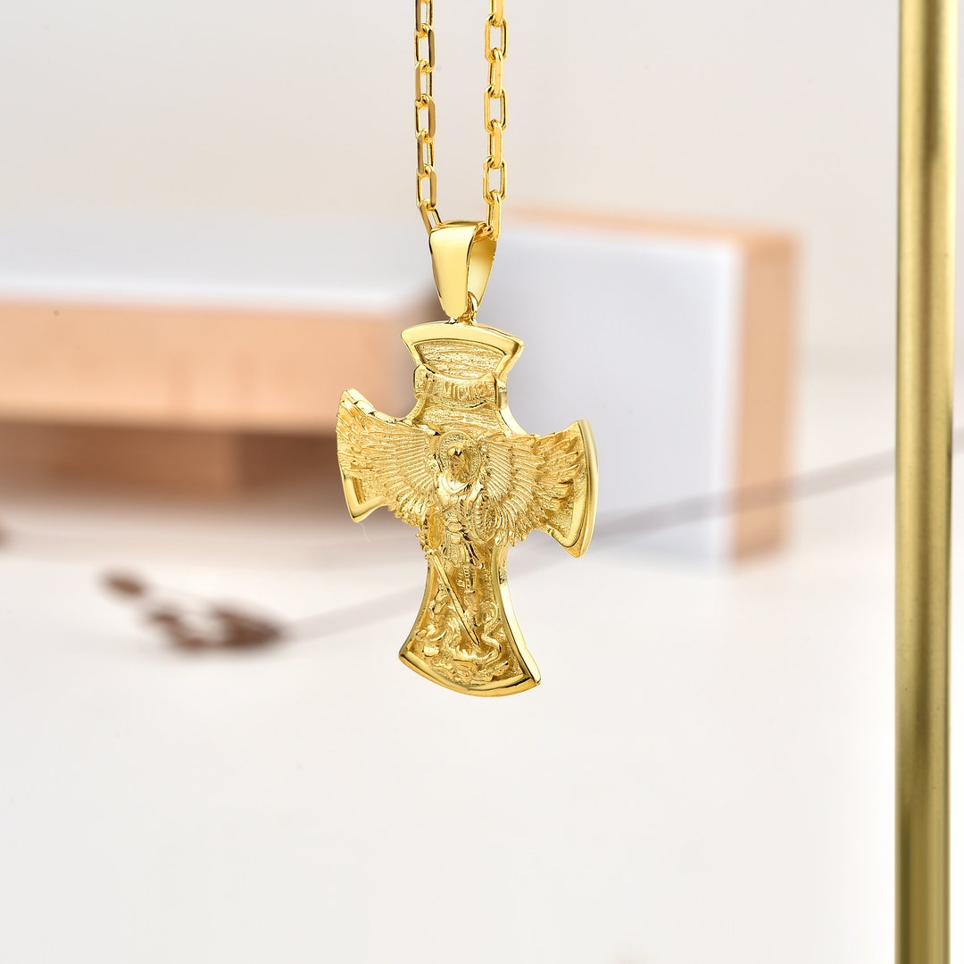 Archangel Michael in Byzantine Cross Necklace in 18K Gold, St Michael ...
