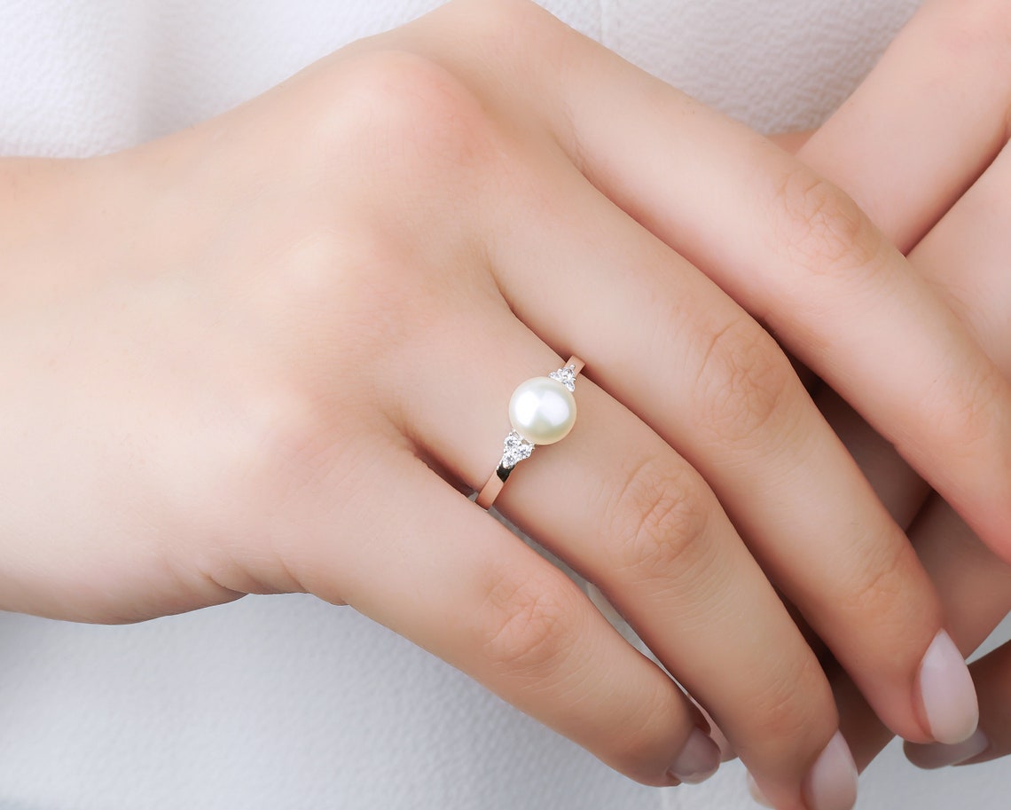 14K Gold White Pearl Ring Pearl Gold Ring Dainty Pearl Ring - Etsy