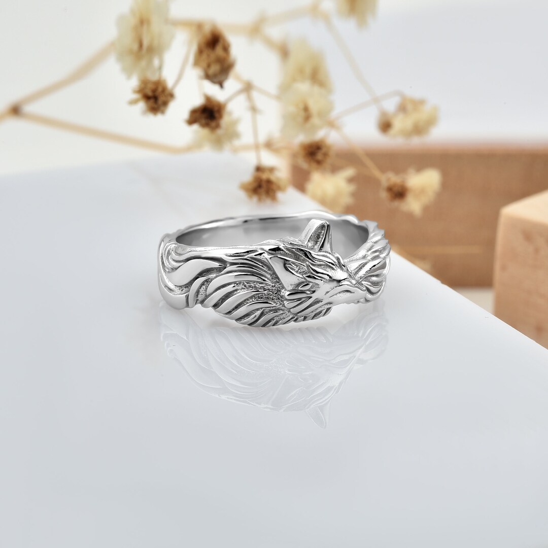 Wolf Family Promise Ring in Polished Silver for Couples, Viking Wedding ...