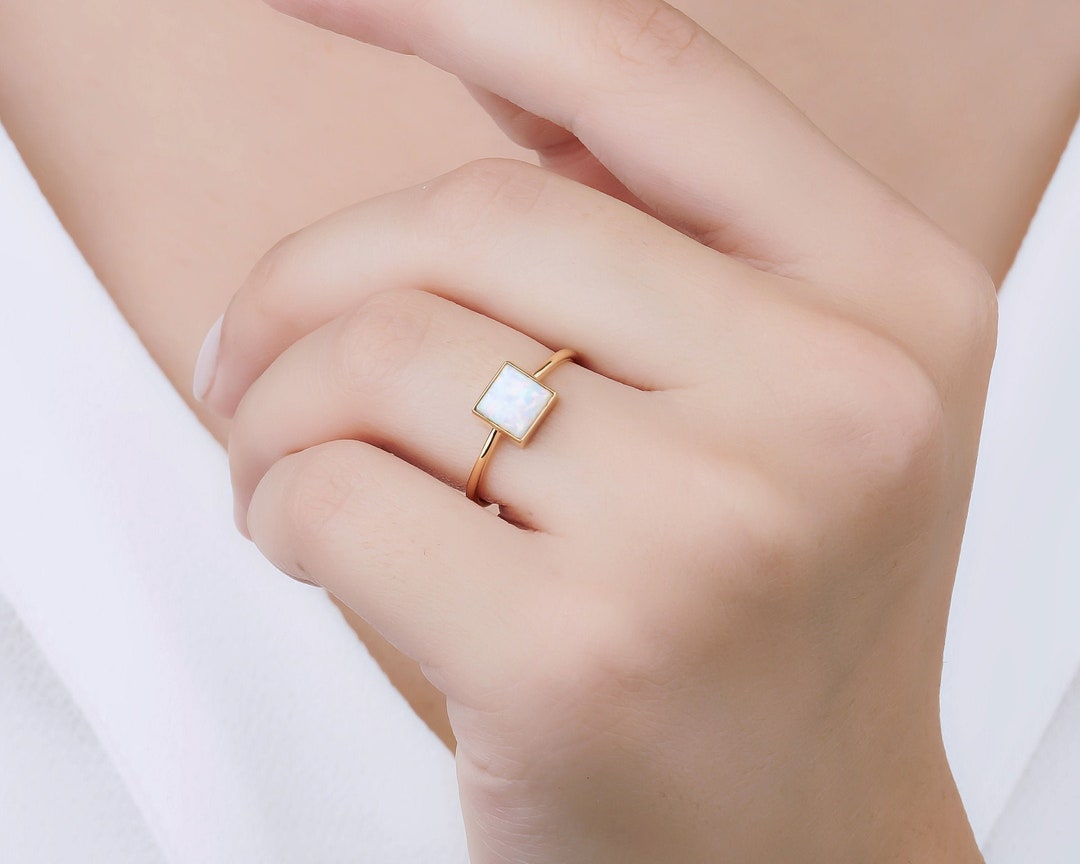 14K Square Opal Ring, 6mm Square Gold Opal Ring, Square Delicate Opal ...