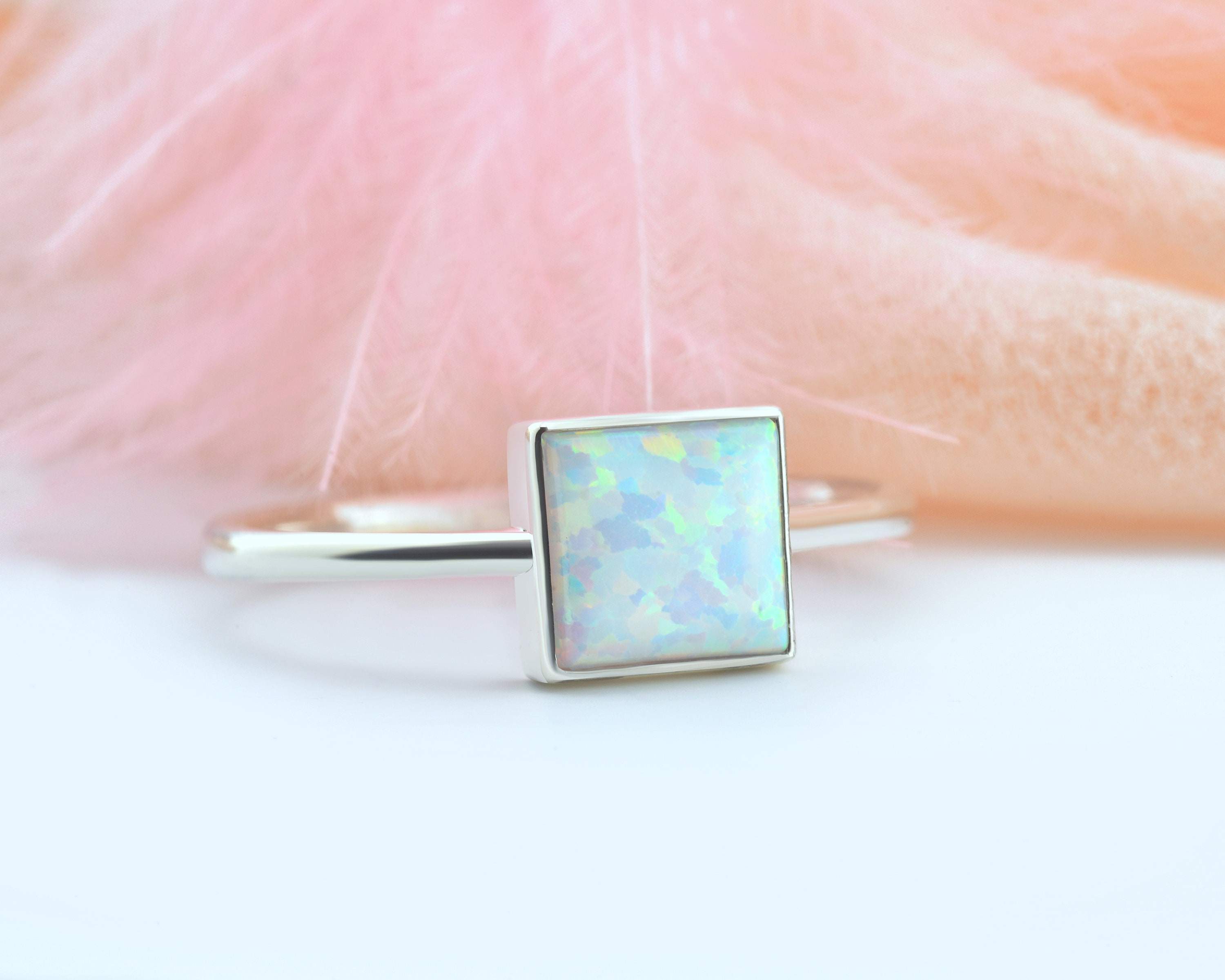 14K Square Opal Ring, 6mm Square Gold Opal Ring, Square Delicate Opal ...