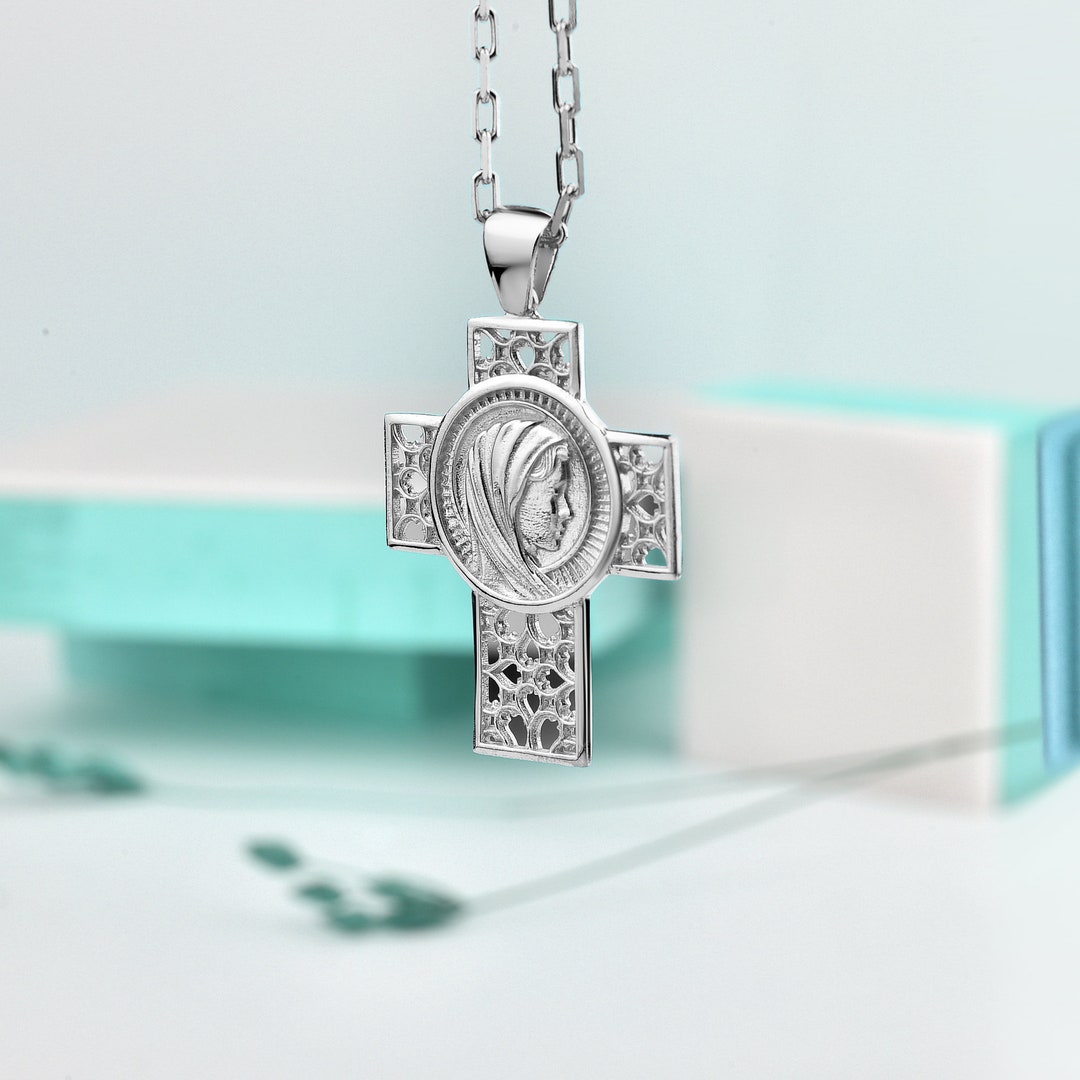 Miraculous Virgin Mary on Cross Medal Sterling Silver Necklace, Mother ...