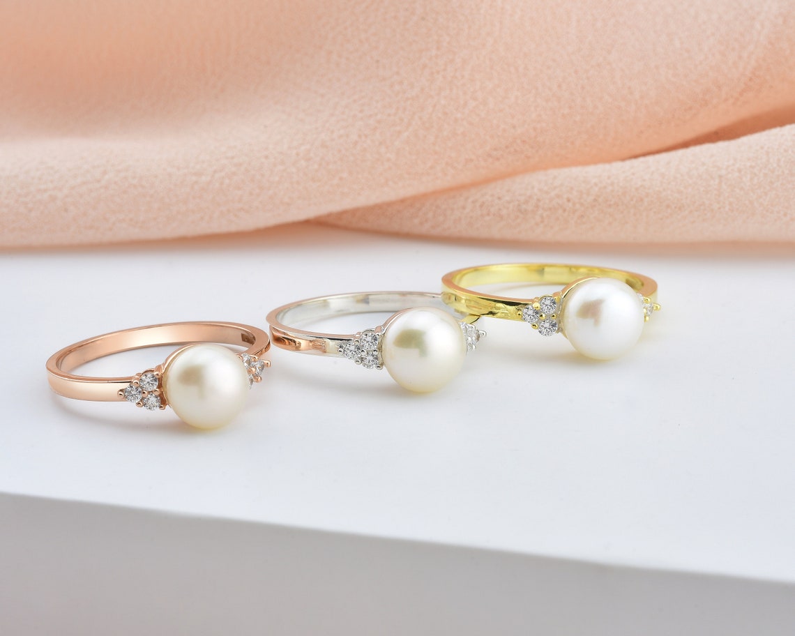 14K Gold White Pearl Ring Pearl Gold Ring Dainty Pearl Ring - Etsy