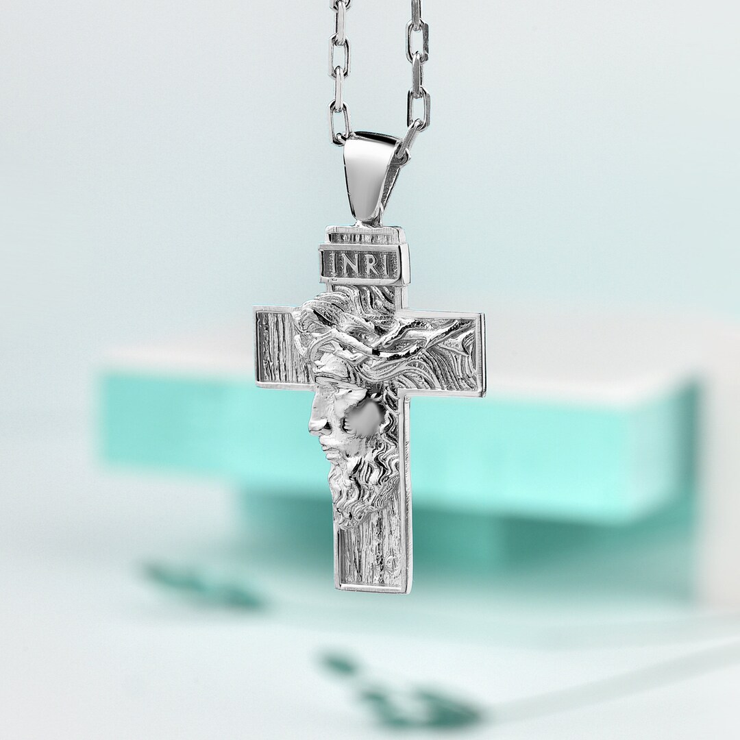 Silver Jesus With Crown Necklace, Jesus With Crown of Thorns on Cross ...