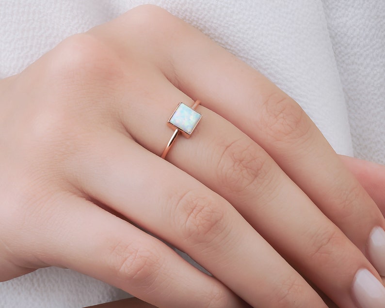 14K Square Opal Ring, 6mm Square Gold Opal Ring, Square Delicate Opal ...