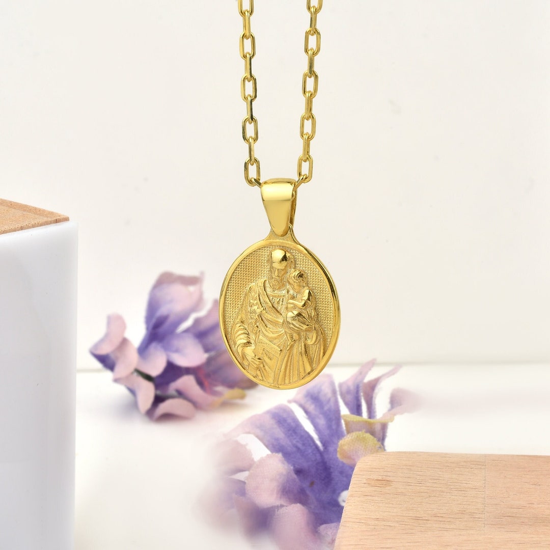 Saint Joseph Medal Necklace in 14K Gold or 18K Gold, St Joseph Pendant ...