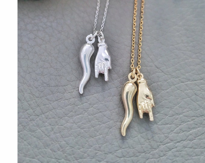 Italian Horn Hand Necklace, Cornicello Charm, Sterling Silver Mano ...