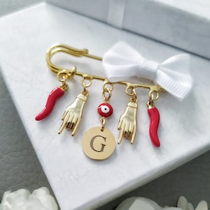 Malocchio Safety Pin, Personalized Italian Horn Hand, Cornicello, Mano ...