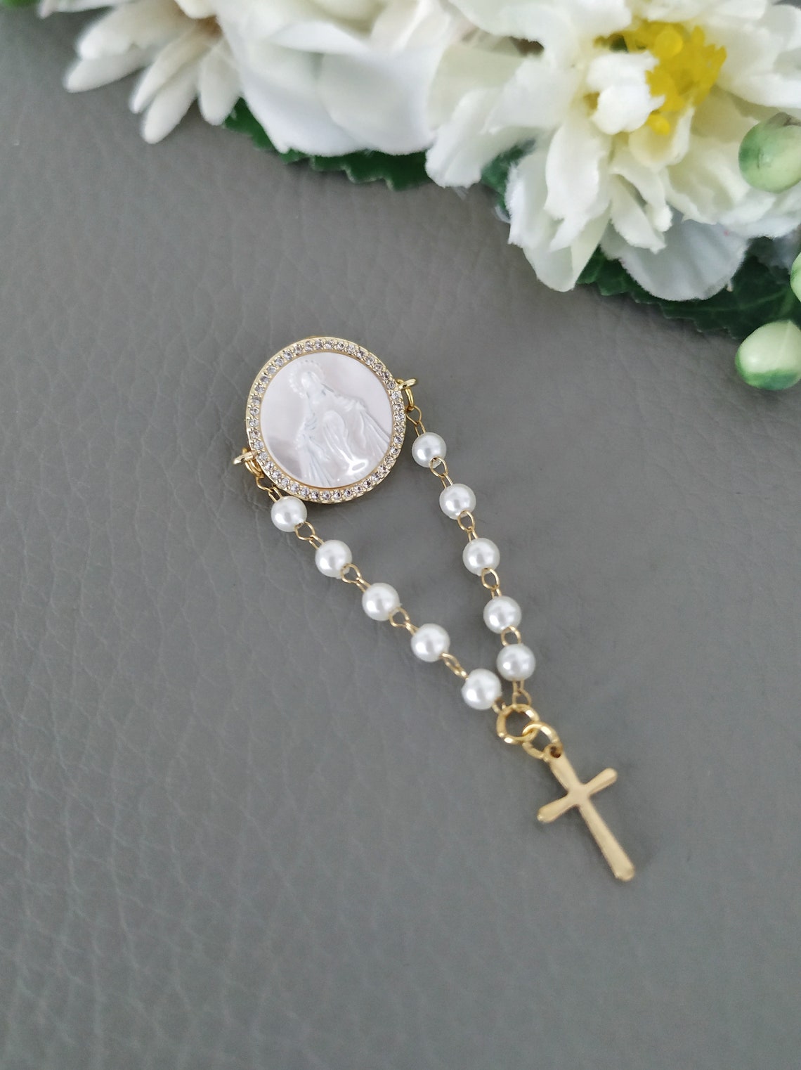Elegant Baptism Rosary Pin Brooch Carved Mother of Pearl - Etsy