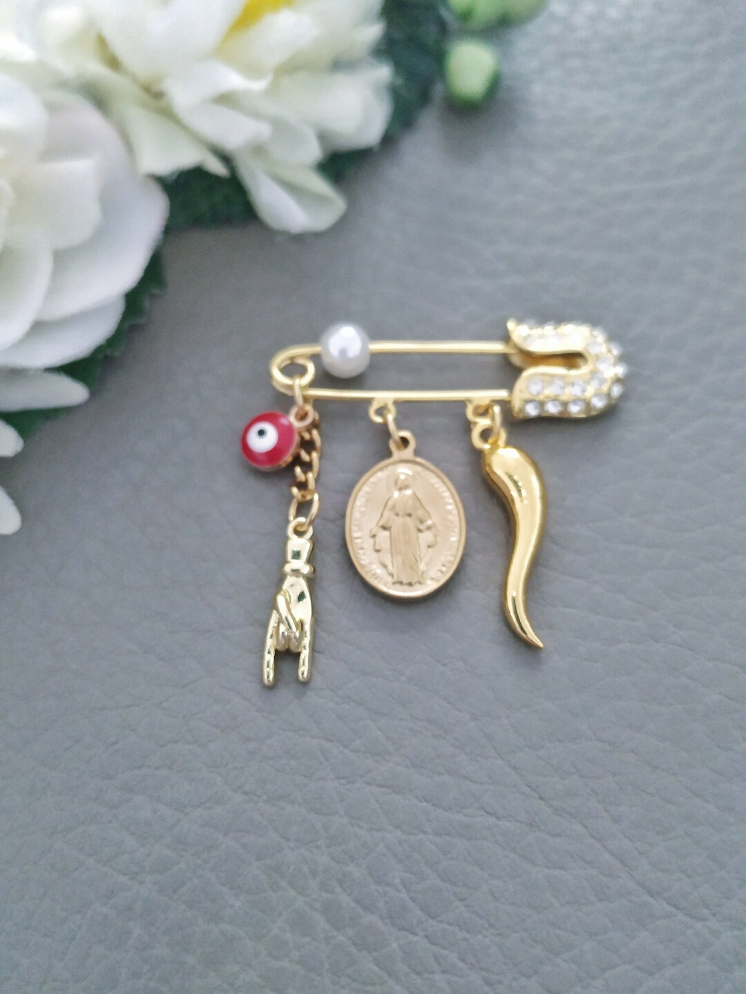 Cornuto Pin Brooch, Gift for Baby, Italian Hand Pins, Gold Italian Horn ...