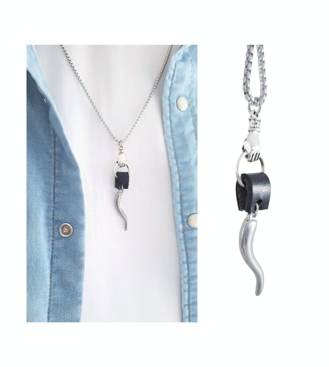 Men HORN Necklace, Leather Cornicello Pendant, Italian Portafortuna ...