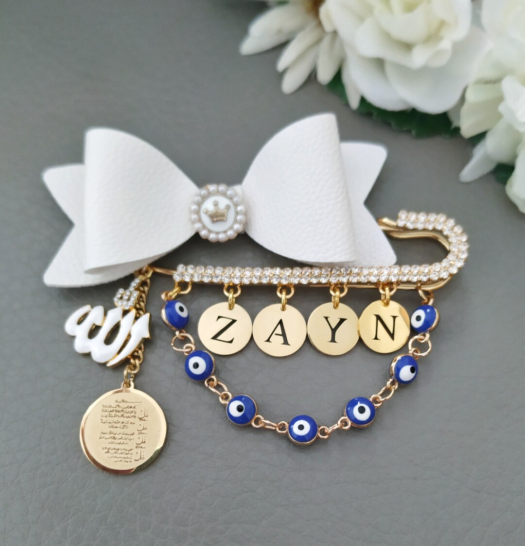 Personalized 4 Qul Ayatul Kursi Allah Pink Blue Diamante Baby Pin ...