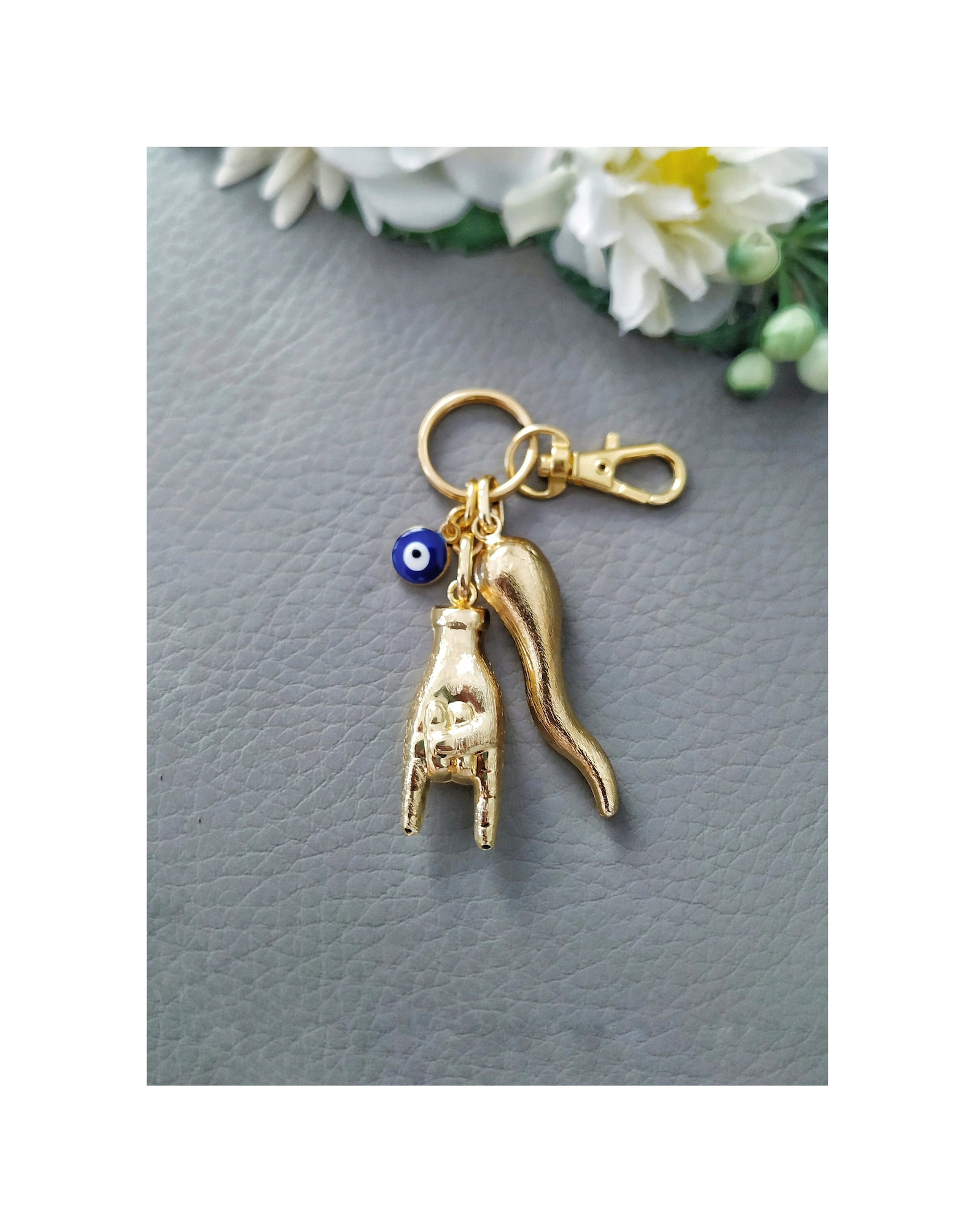 Italian Horn Keychain, Gold Maloik Hand, Mano Cornuto Bag Charm, Lucky ...