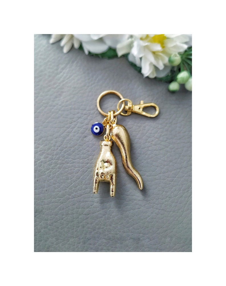 Italian Horn Keychain, Gold Maloik Hand, Mano Cornuto Bag Charm, Lucky ...