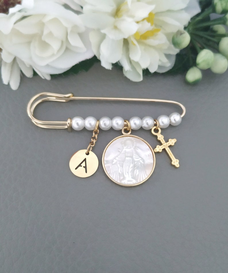 Catholic Baby Pin, Custom Mother of Pearl Virgin Mary Baptism Jewelry ...