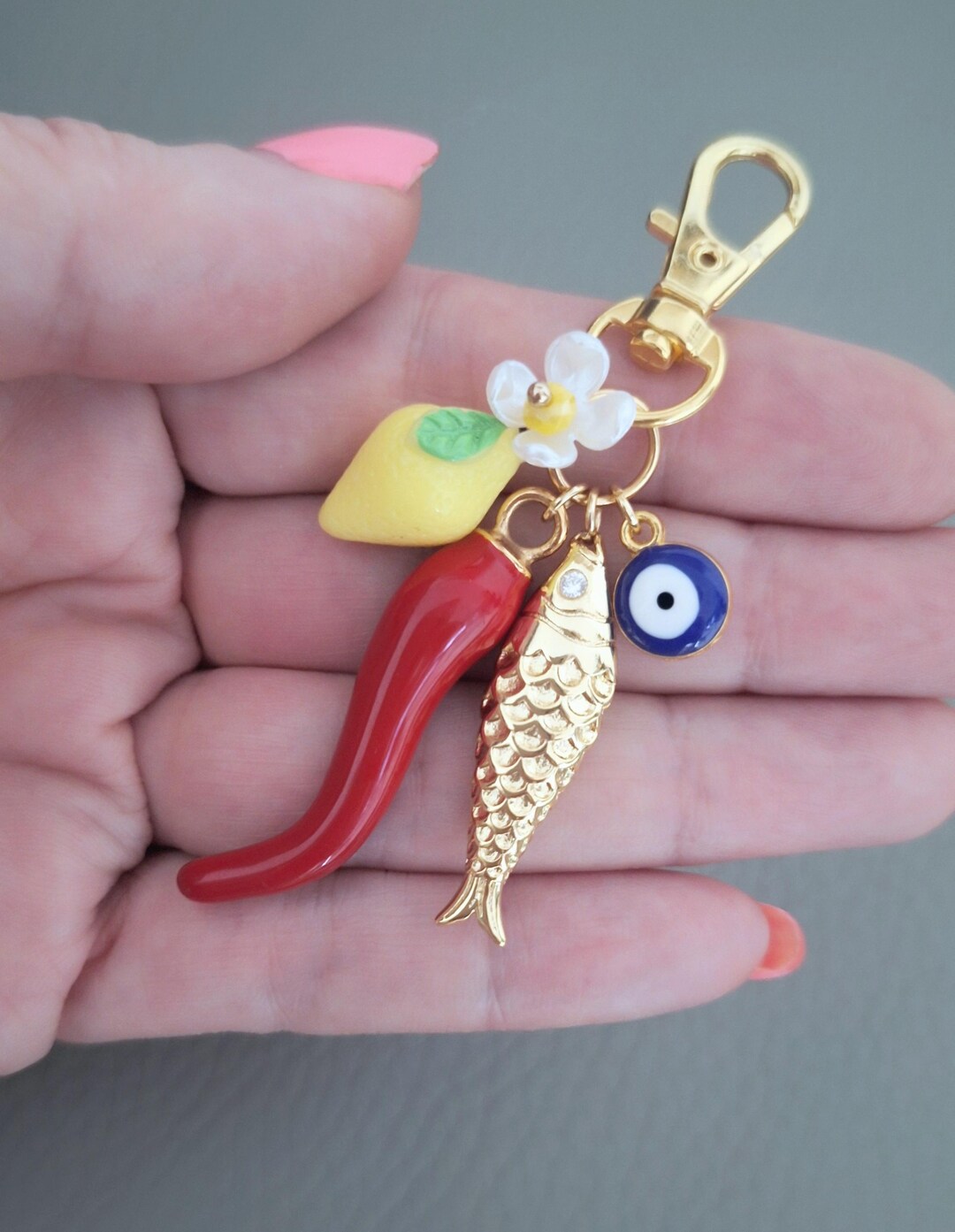 Italian Bag Charms, Red Cornicello, Evil Eye, Sardine, Lemon Keychain ...