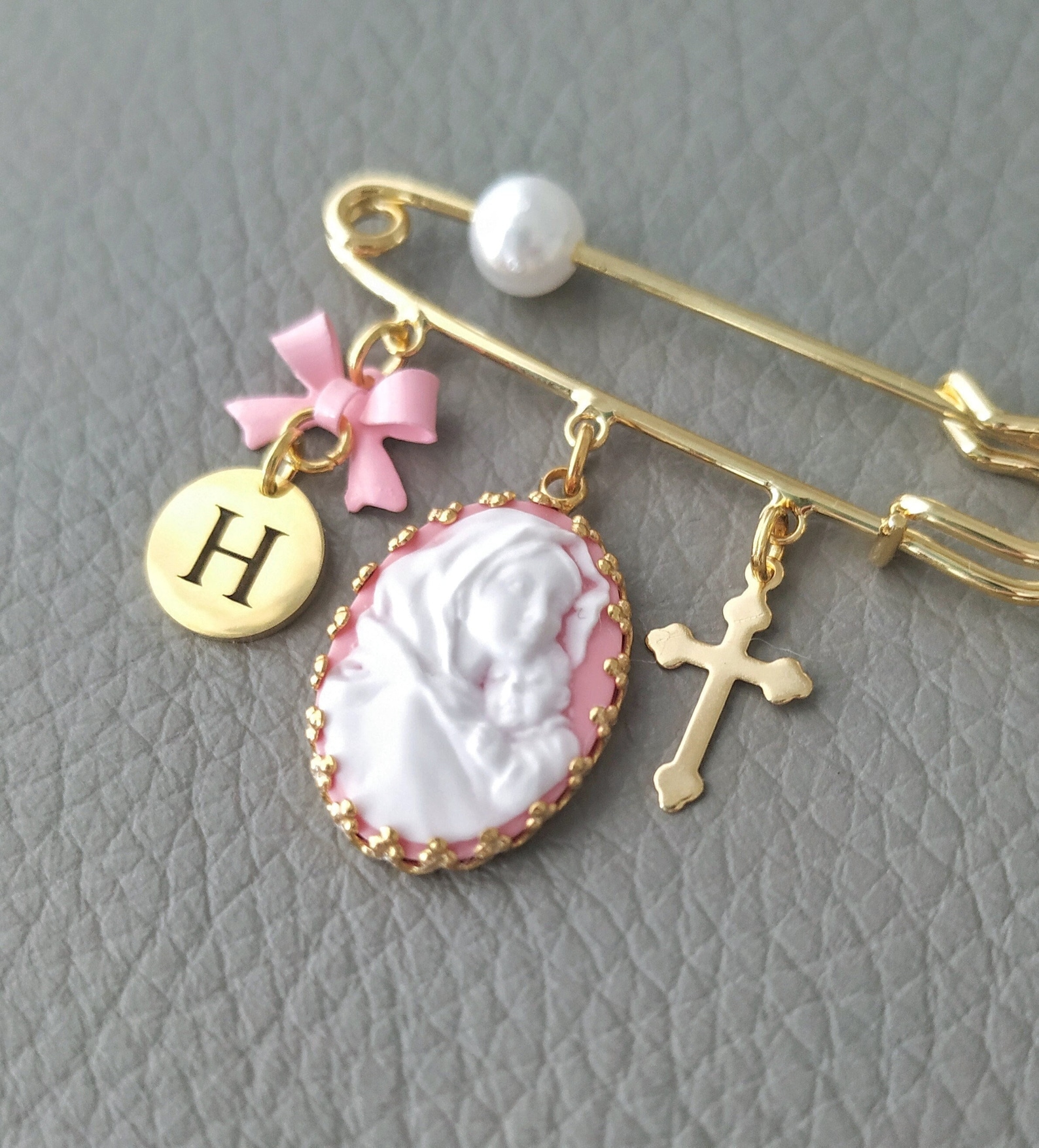 Personalized Baptism Gift, Mother Mary Baby Pin, 5cm Golden Cross ...