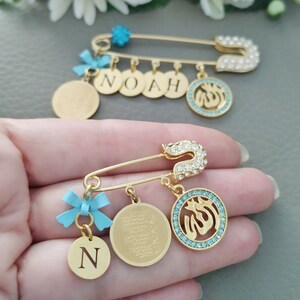 Personalized 4 Qul Ayatul Kursi Allah Pink Blue Diamante Baby Pins ...
