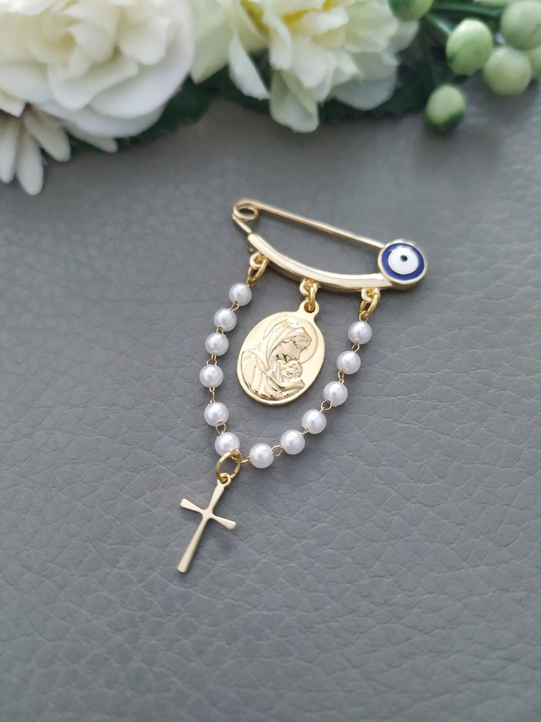 Elegant Baptism Rosary Pin Brooch, Virgin Mother Mary Jewelry, Child ...