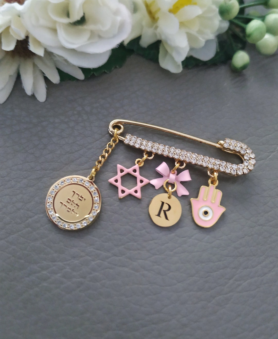 Personalized Priestly Blessing Baby Pin With Hamsa Charm - Etsy