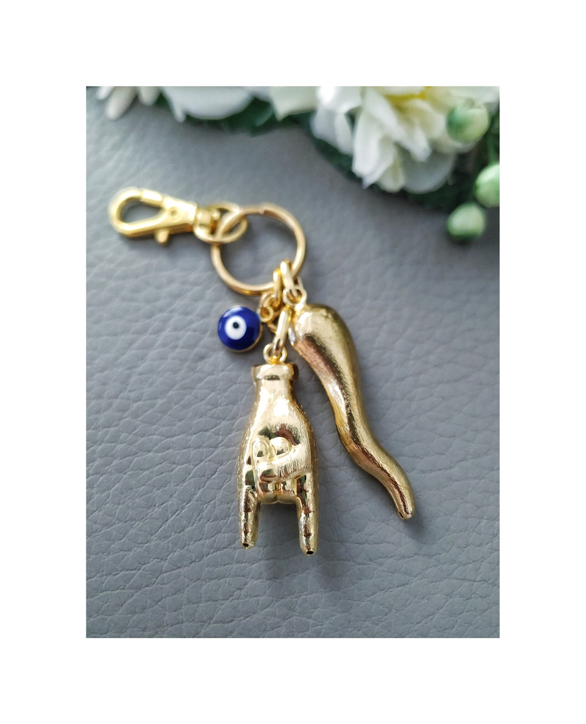 Italian Horn Keychain, Gold Maloik Hand, Mano Cornuto Bag Charm, Lucky ...