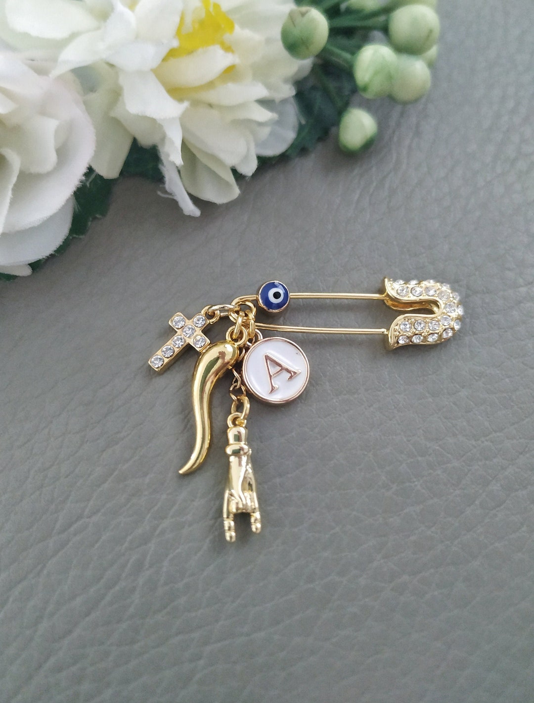 Gold Italy Horn Pin, Mano Cornuto Hand Brooch, Cross, Evil Eye ...