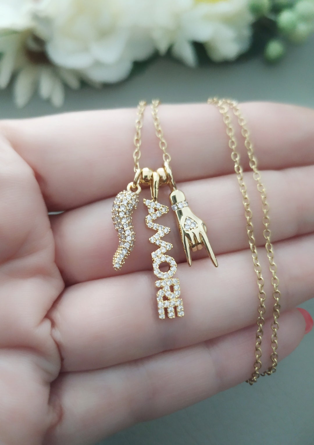 Italian Charms Amore Necklace, 18k Gold Plated Valentine Jewelry - Etsy
