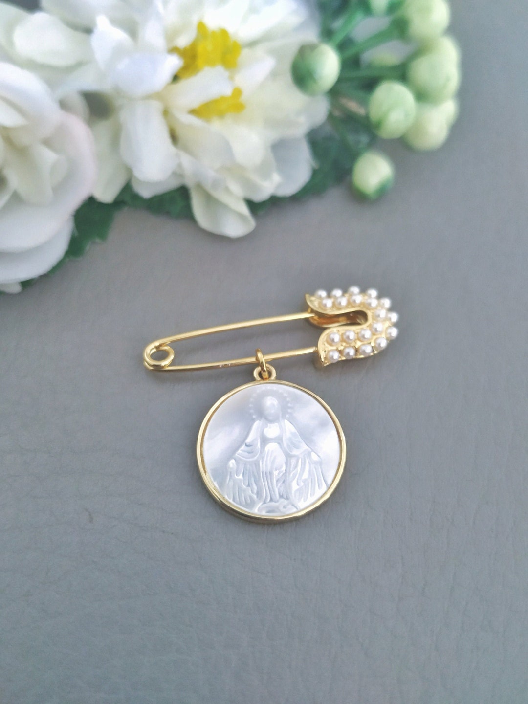 Catholic Patron Safety Pin, White Pearl Virgin Mary Baby Pins, Baptism Christening Boy Gift ...