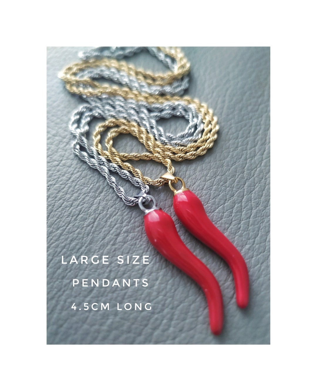 Men Cornicello Red, Large Italian Horn Pendant, 3 Mm Rope Chain ...