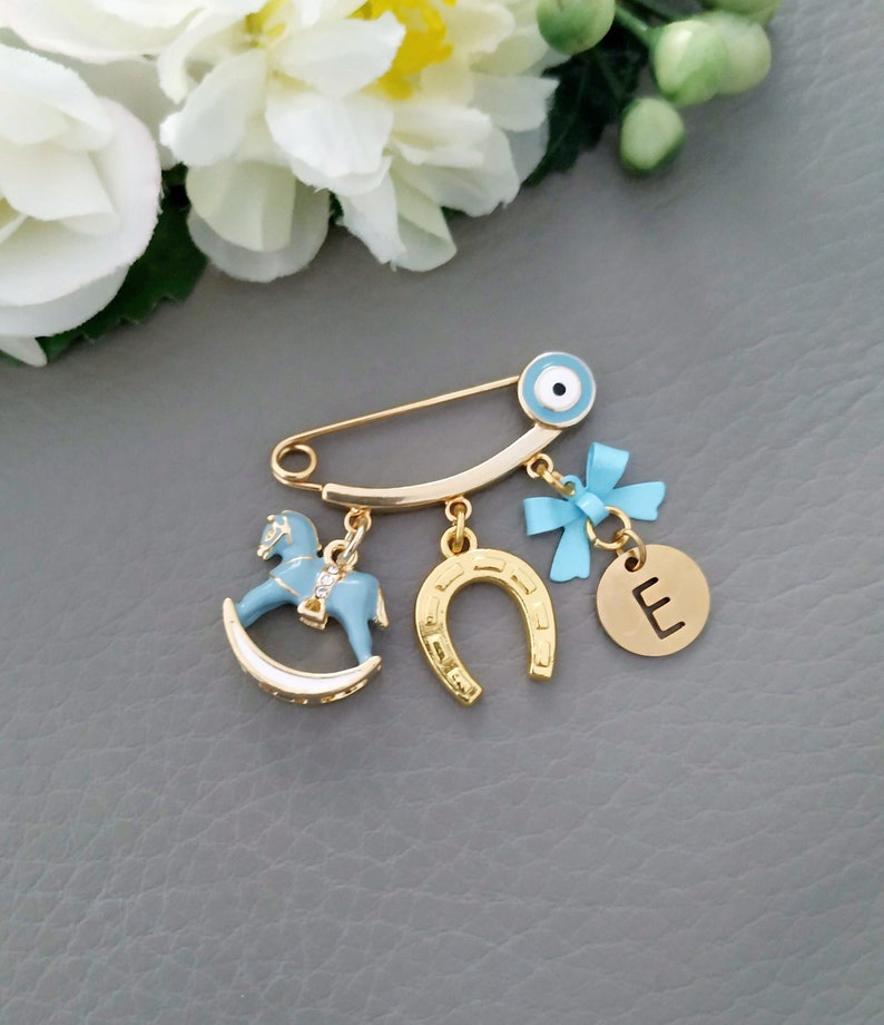 Personalized Baby Pin Brooch, Horseshoe Good Luck Charm Stroller Clip ...