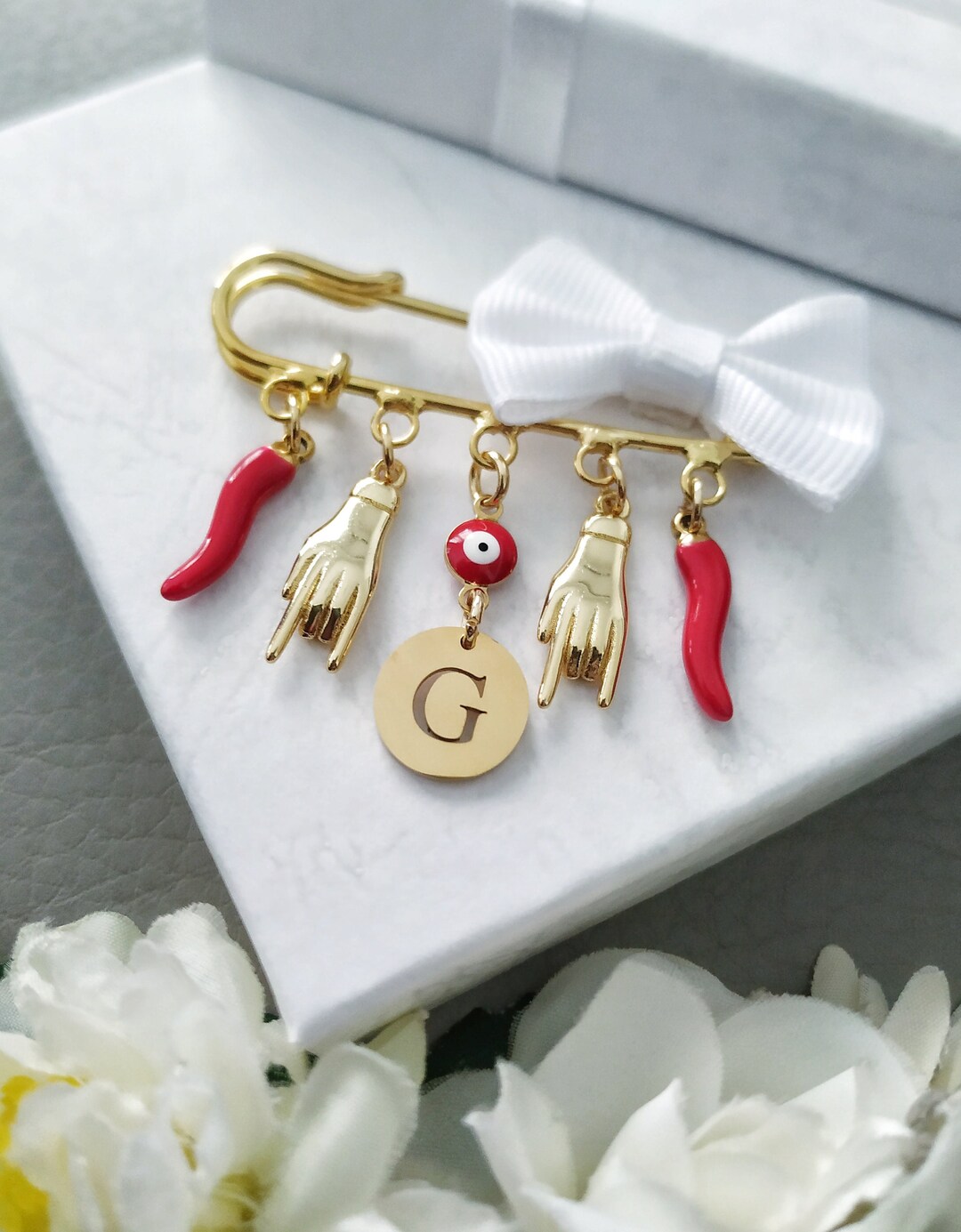 Malocchio Safety Pin, Personalized Italian Horn Hand, Cornicello, Mano ...