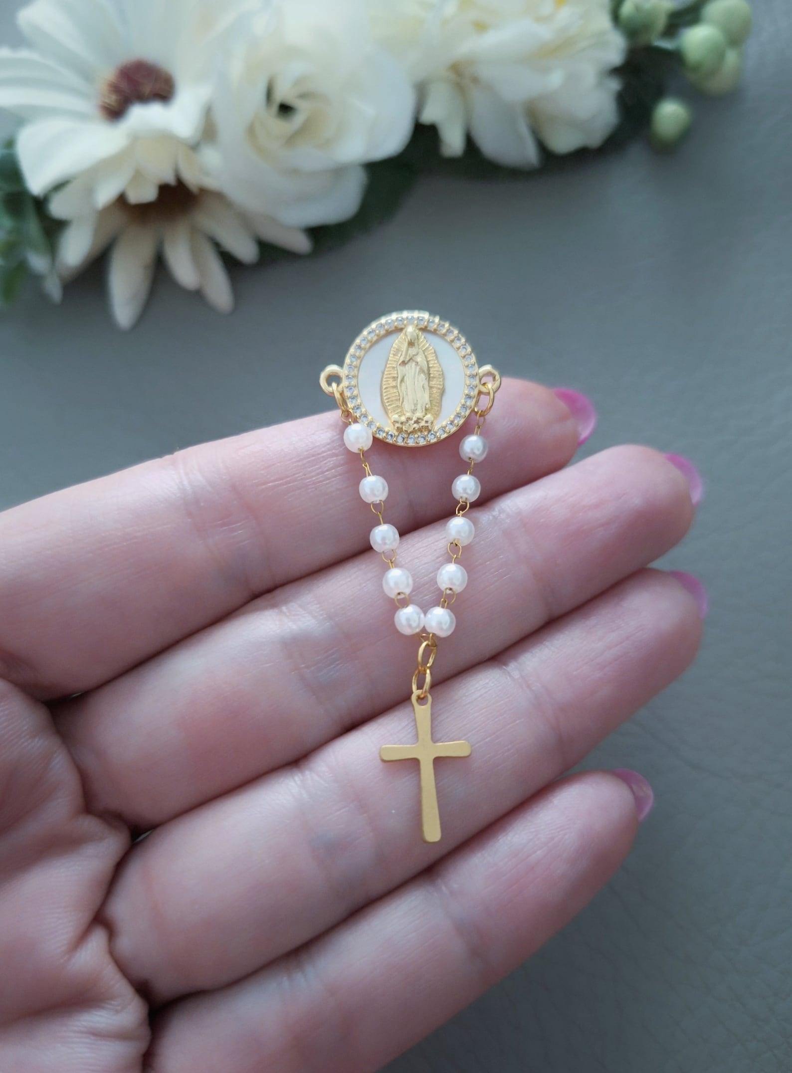 24K Baptism Pin, Mother of Pearl Virgin Mary Rosary Brooch - Etsy