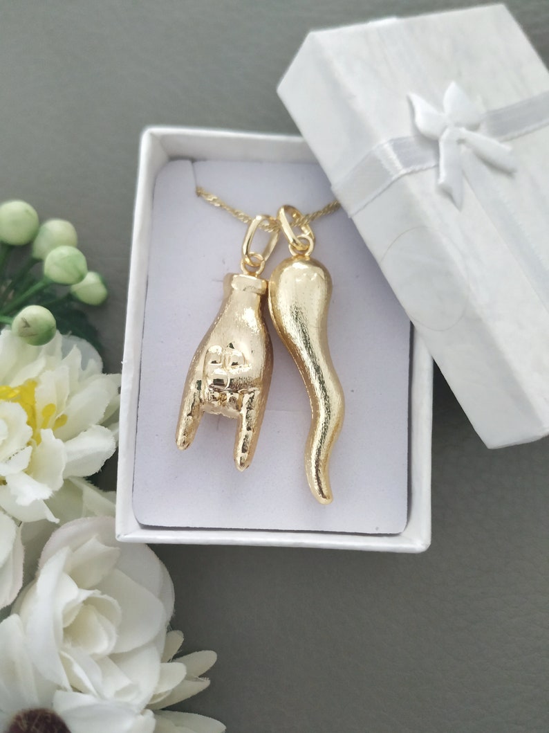 3 Sizes Italian Horn Necklace, Hand Mano Cornuto Cornetto Pendants, 14k ...