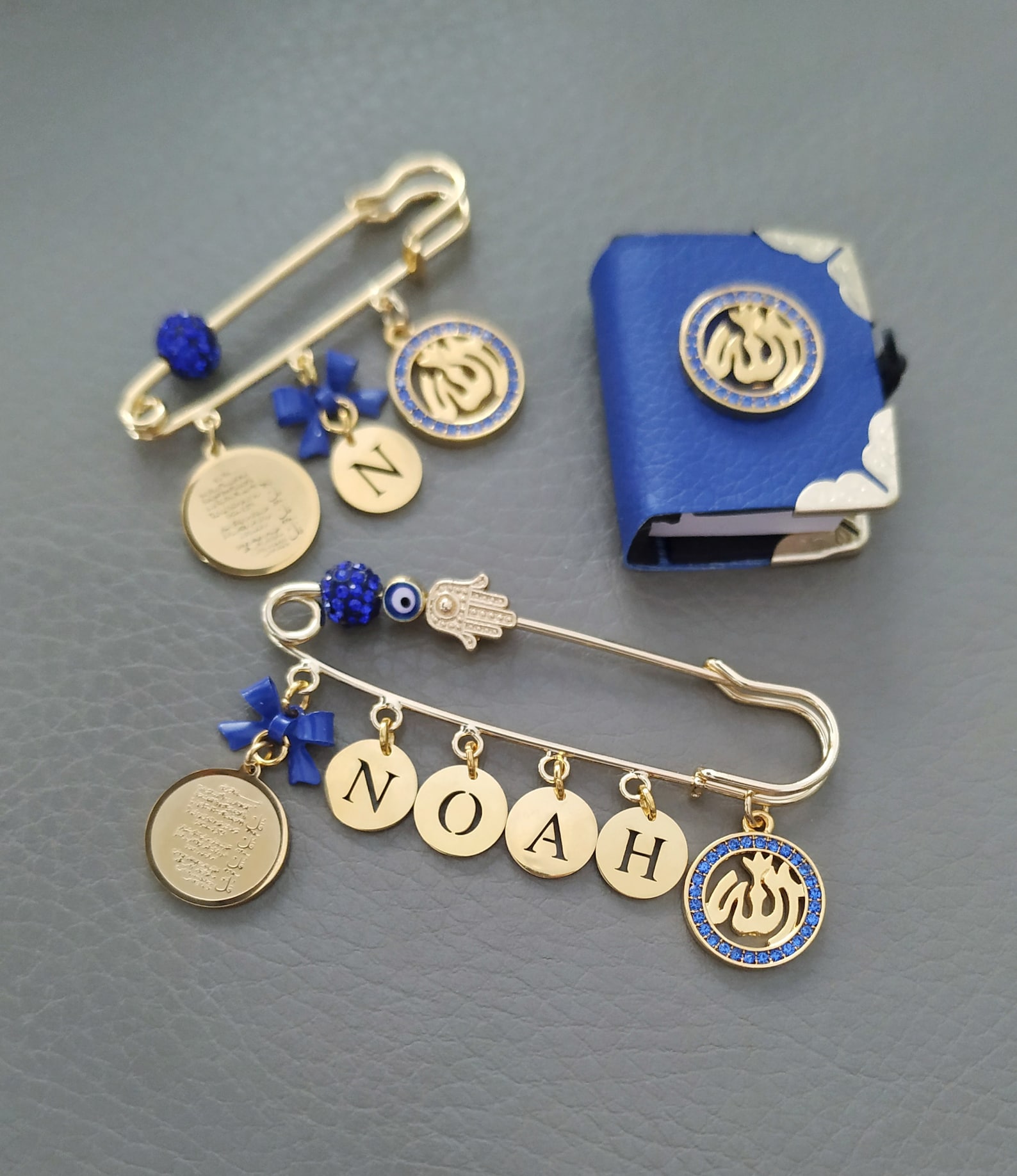 Personalized 4 Qul Ayatul Kursi Allah Pink Blue Diamante Baby Pins ...