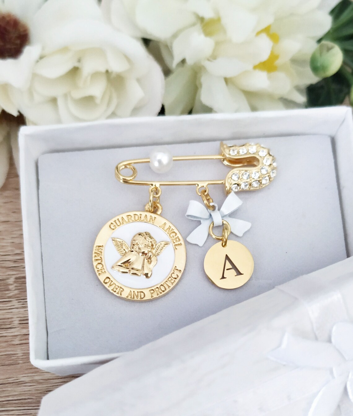 Guardian Angel Pin Gold Watch Over and Protect Baby Brooch - Etsy