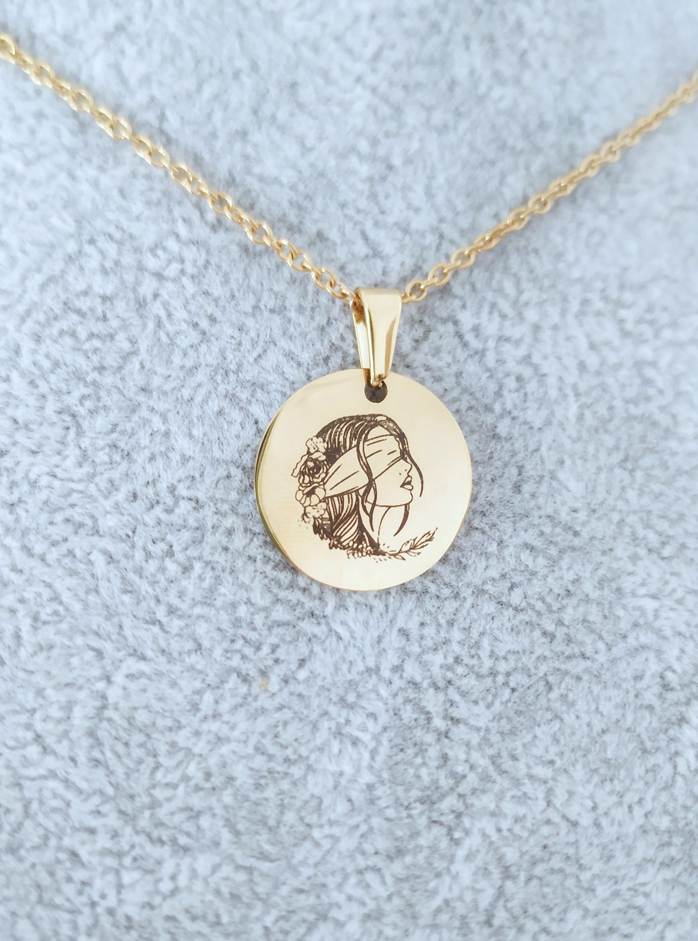 Dea Bendata Necklace, Blindfolded Goddess Fortune Pendant, Gold Steel ...
