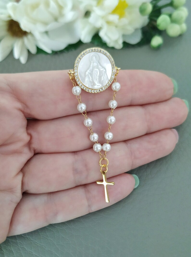 Elegant Baptism Rosary Pin Brooch Carved Mother of Pearl | Etsy