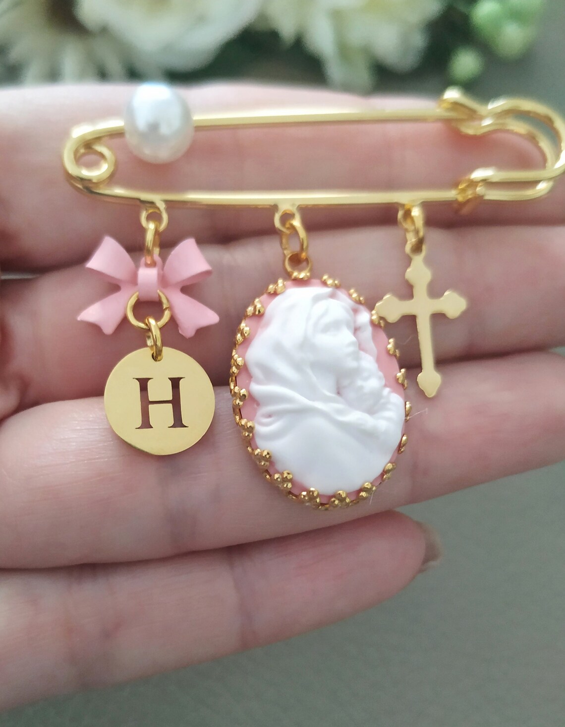 Personalized Baptism Gift Mother Mary Baby Pin Cross Brooch | Etsy