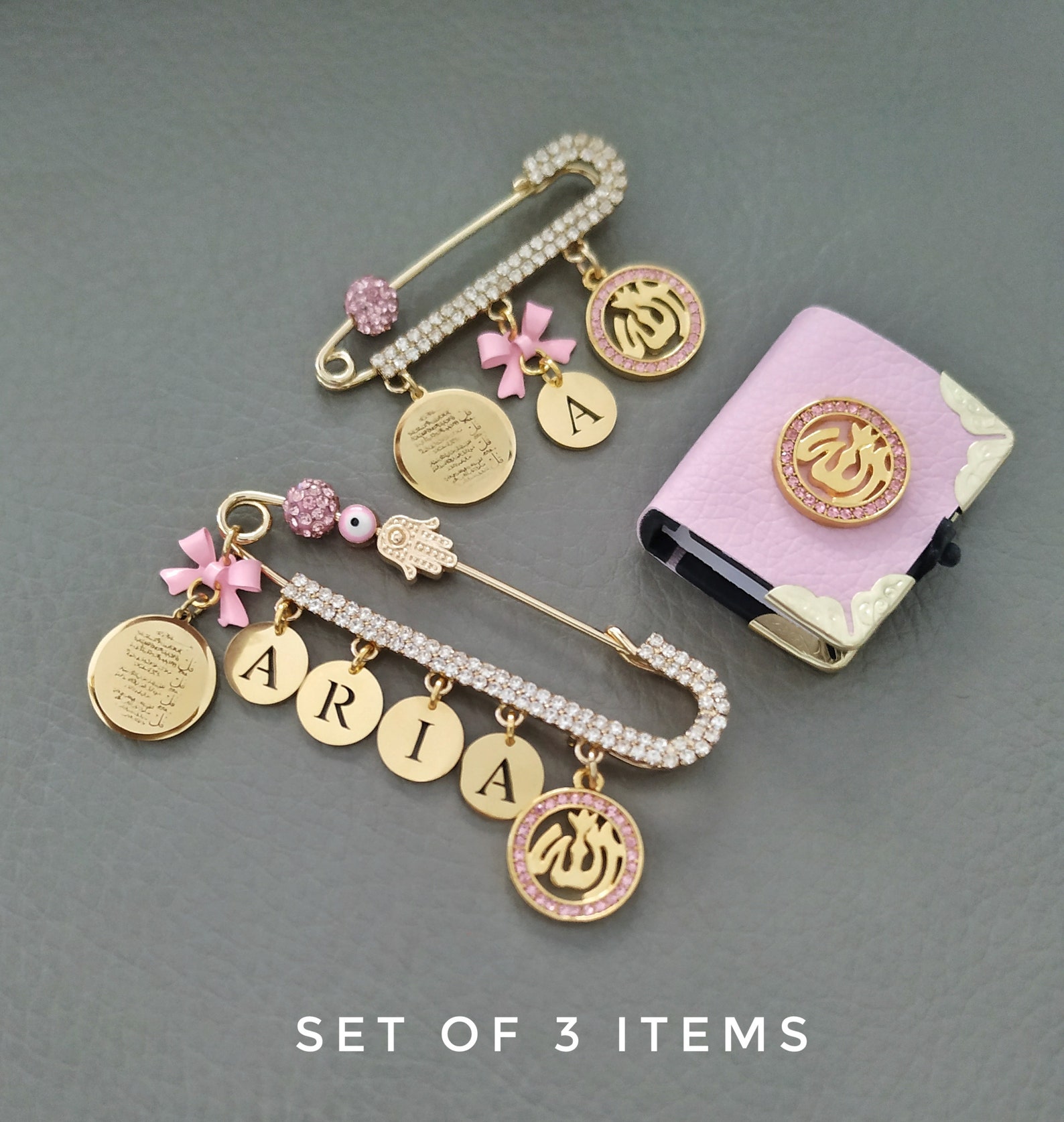 Personalized 4 Qul Ayatul Kursi Allah Pink Blue Diamante Baby Pins ...