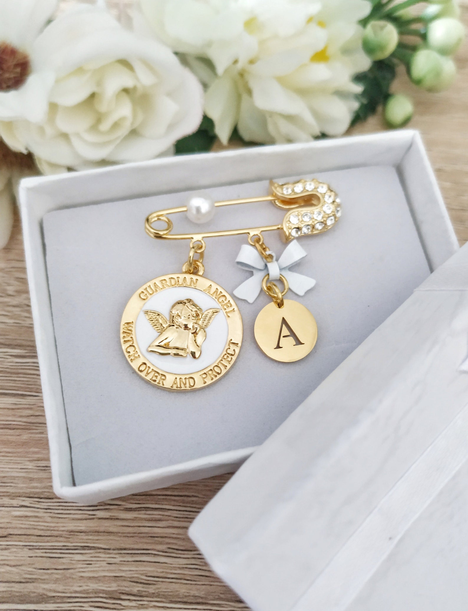 Guardian Angel Pin Gold Watch Over and Protect Baby Brooch - Etsy