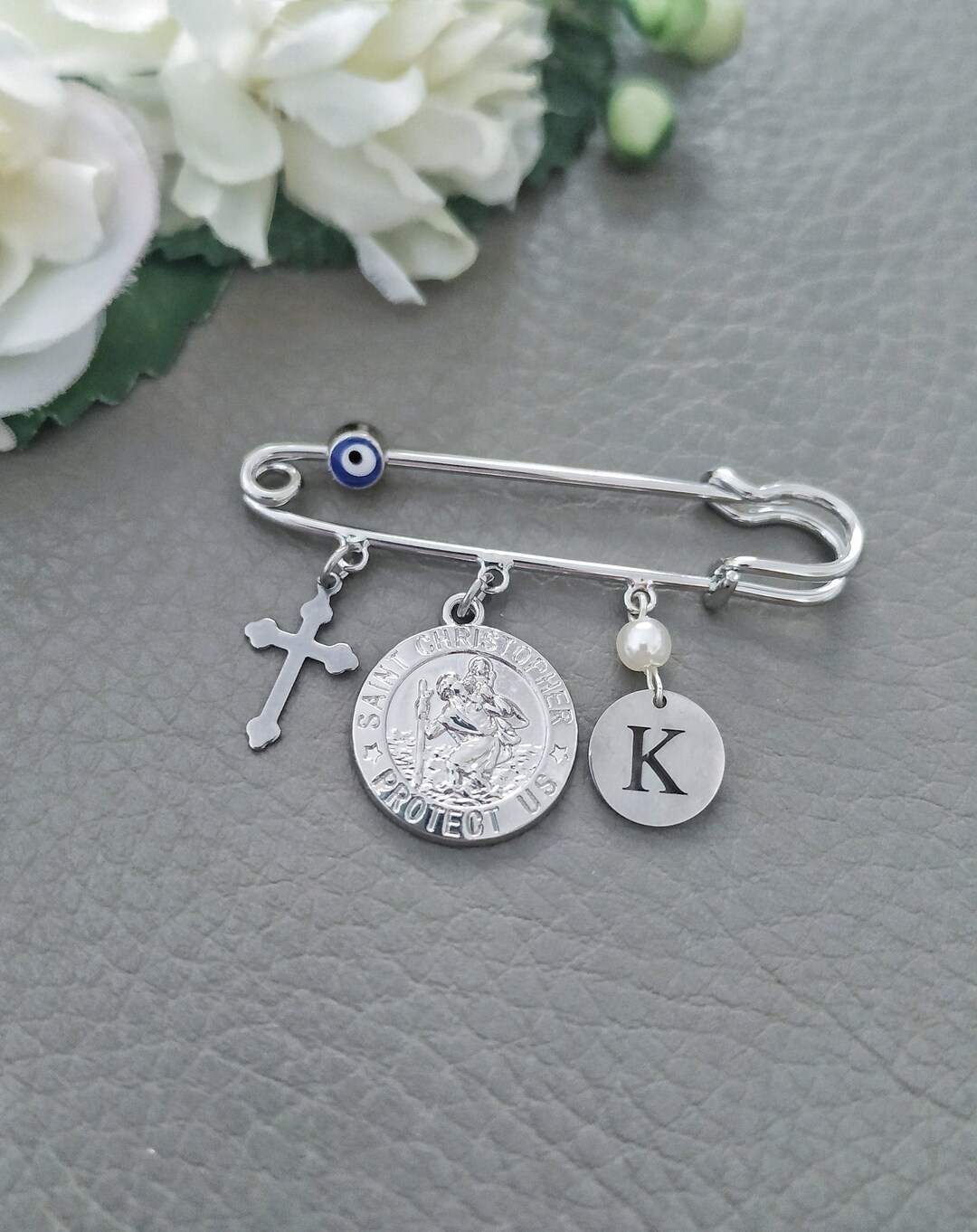 Saint Christopher Protect Us Safety Pin, Personalized Baptism Jewelry ...