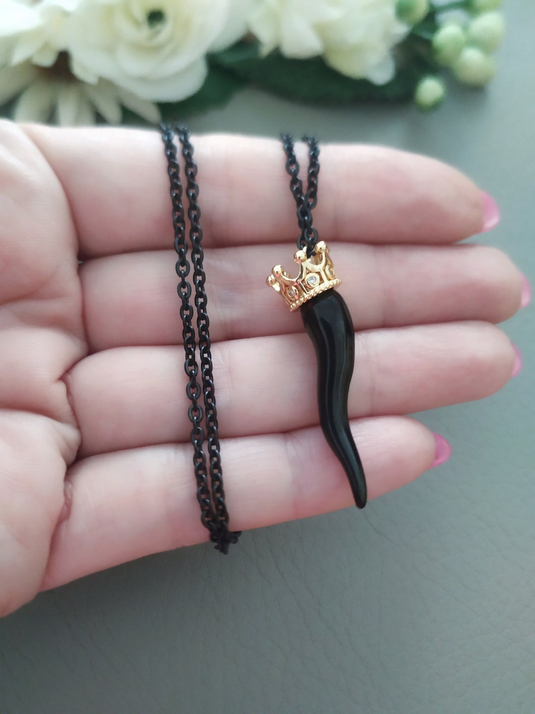 Italian Horn Necklace Men, Black Cornicello Crown Charm Pendant, Luck ...
