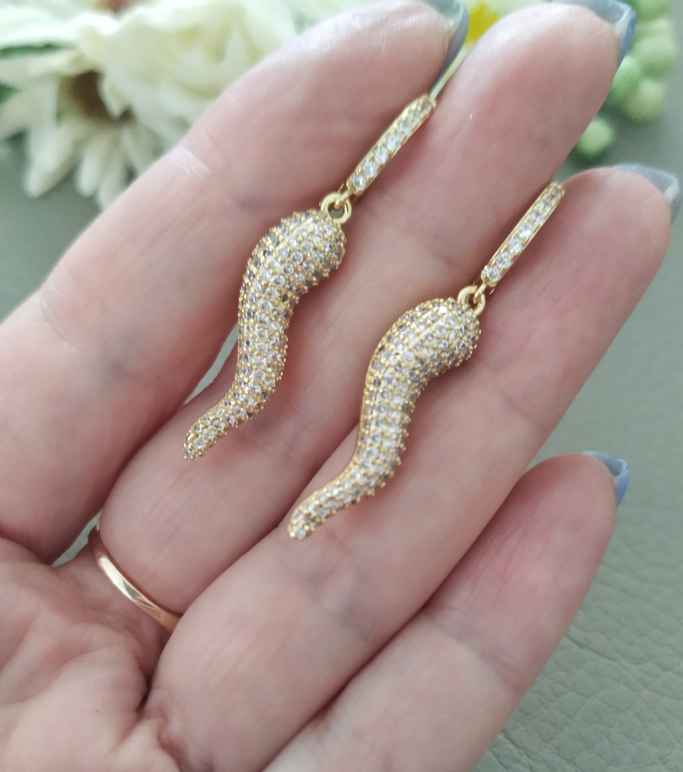 Sparkling Italian Horn Earrings Hoops Gold or Silver Cornetto - Etsy