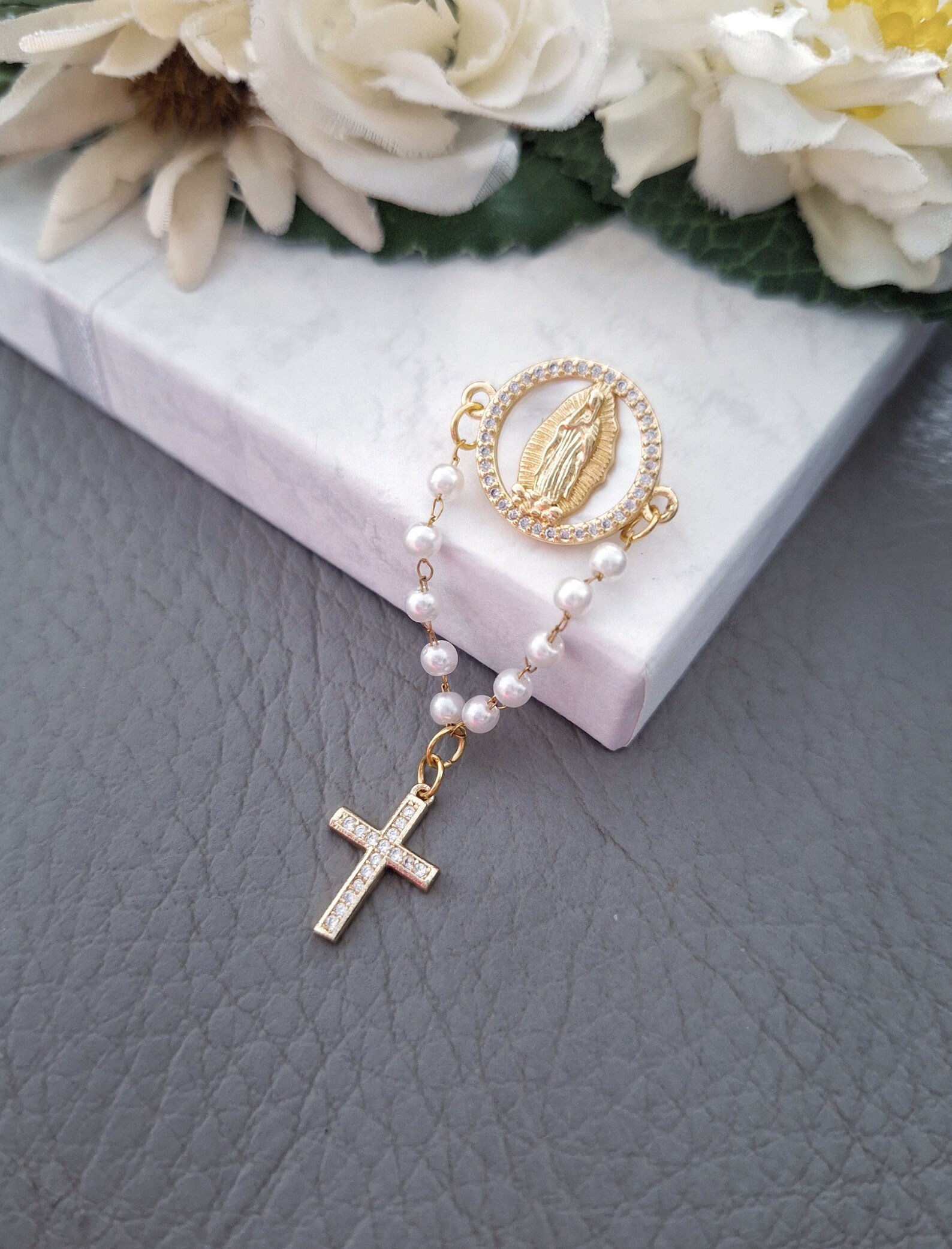 24K Baptism Pin, Mother of Pearl Virgin Mary Rosary Brooch - Etsy