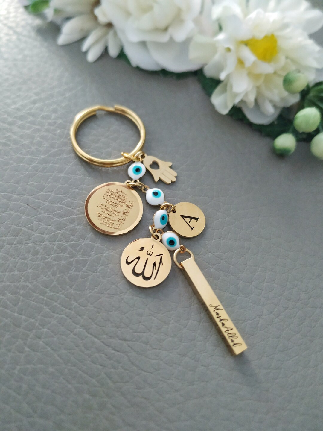 Personalized Four Qul Keychain, Gold Allah Mashallah Key Chain, Muslim ...